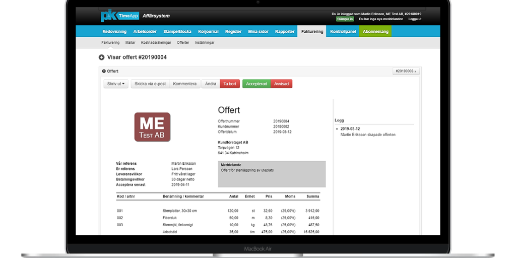 Skapa en offert i TimeApp - TimeApp