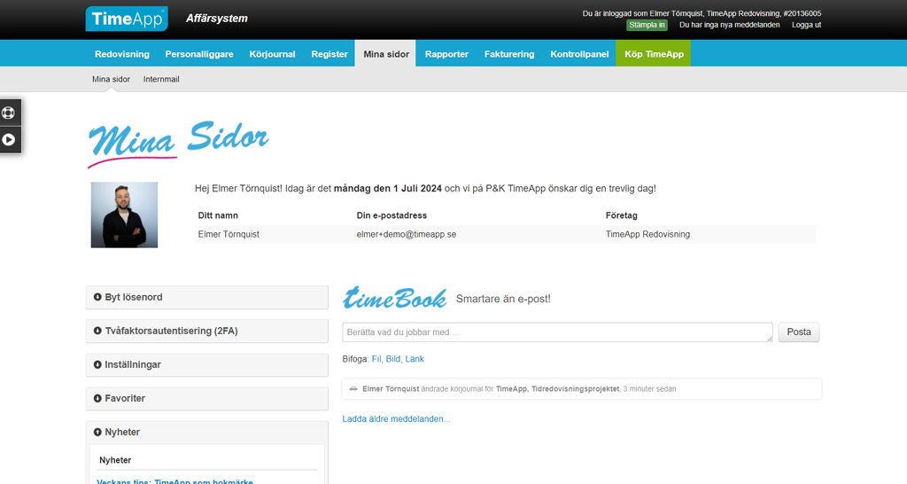 Mina sidor, snabbstart - TimeApp